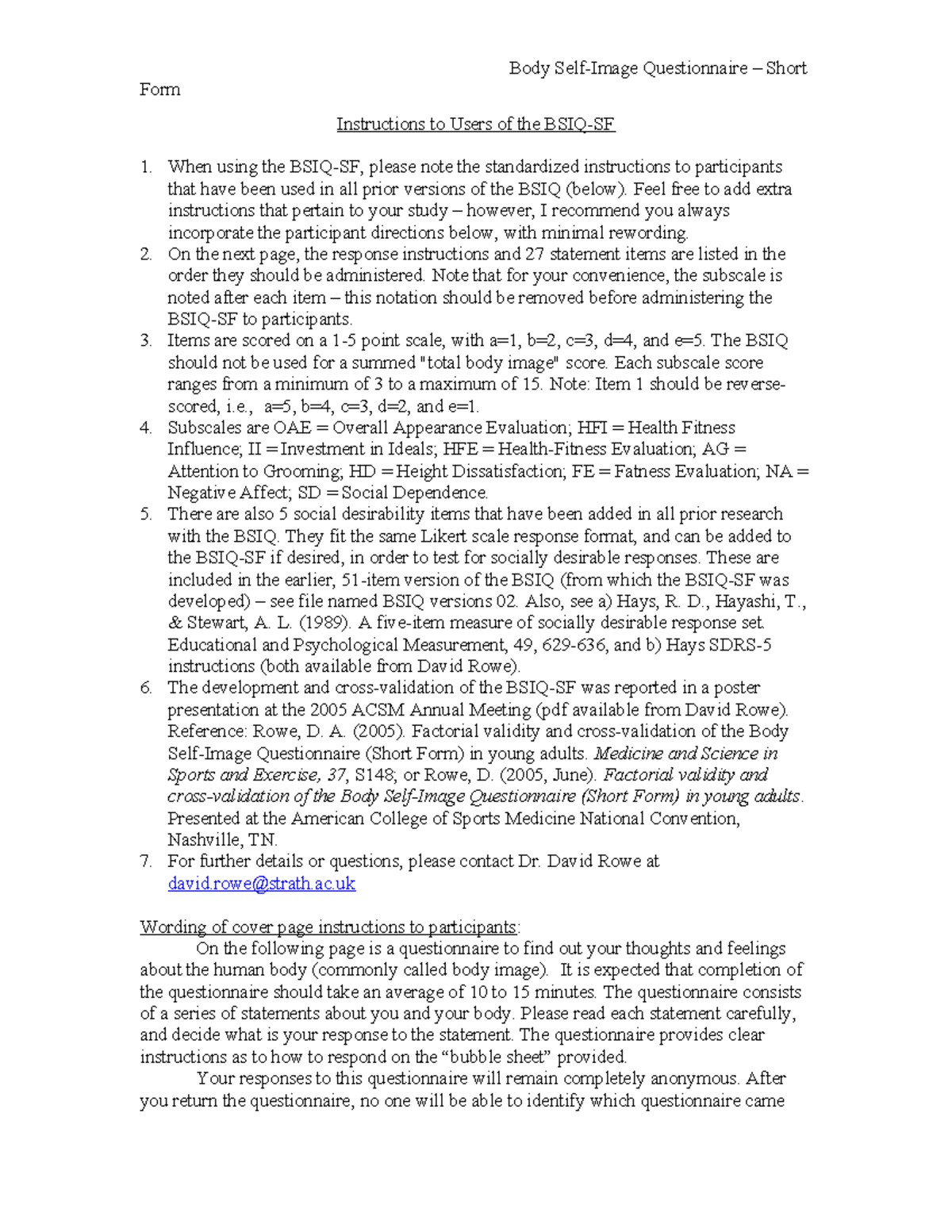 BSIQ-SF: Body Self-Image Questionnaire Short Form Instructions - Studocu