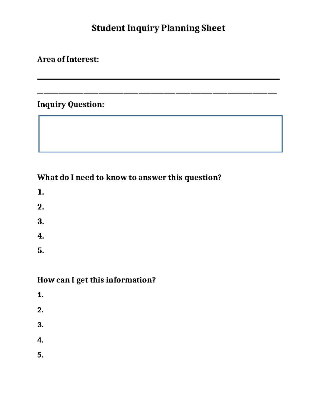Student inquiry planning sheet - Student Inquiry Planning Sheet Area of ...