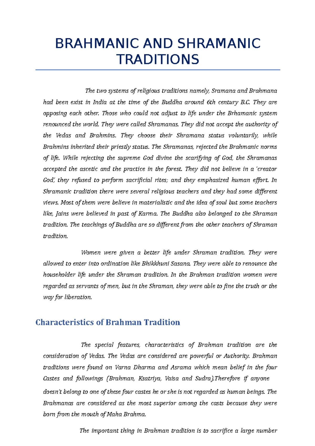 Brahmanic and Shramanic Traditions in Ancient Indian Context - Studocu
