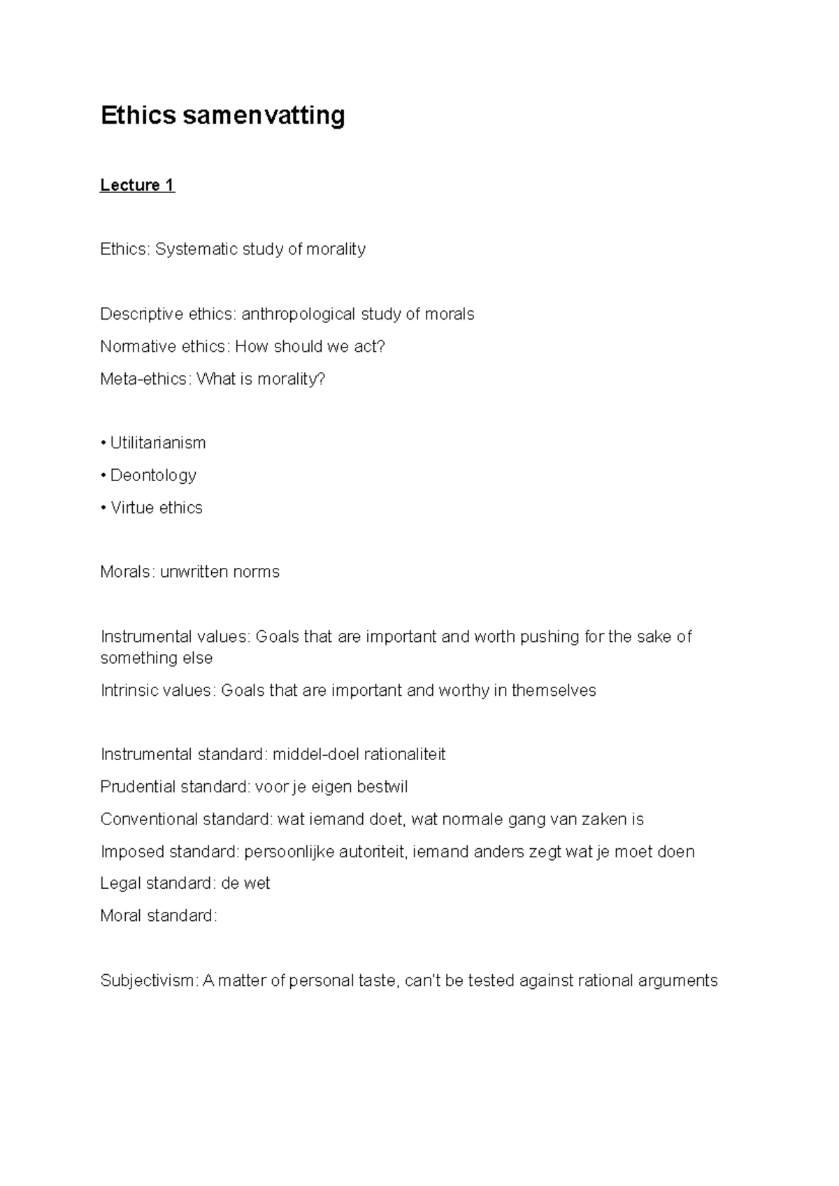 Ethics Overview: Key Concepts and Theories - Summary Notes - Studeersnel