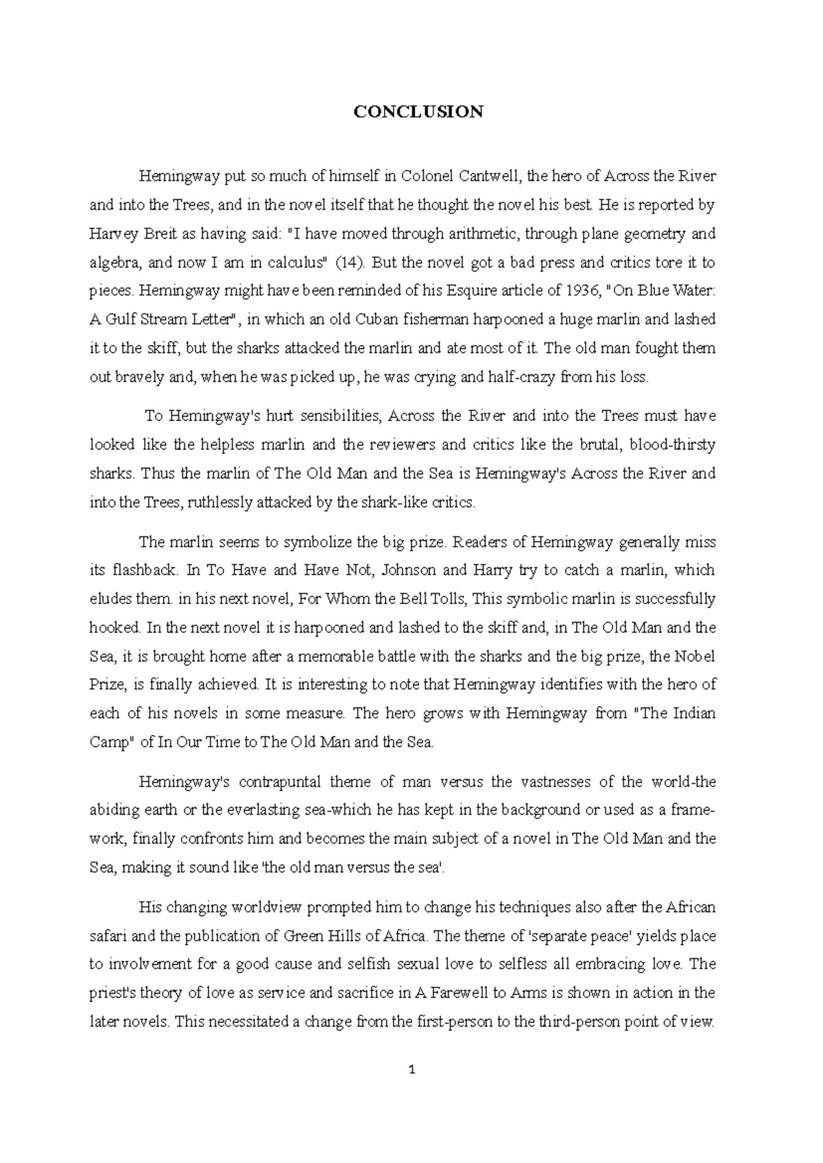 PROJECT: Conclusion Analysis of Hemingway's Across the River and into ...