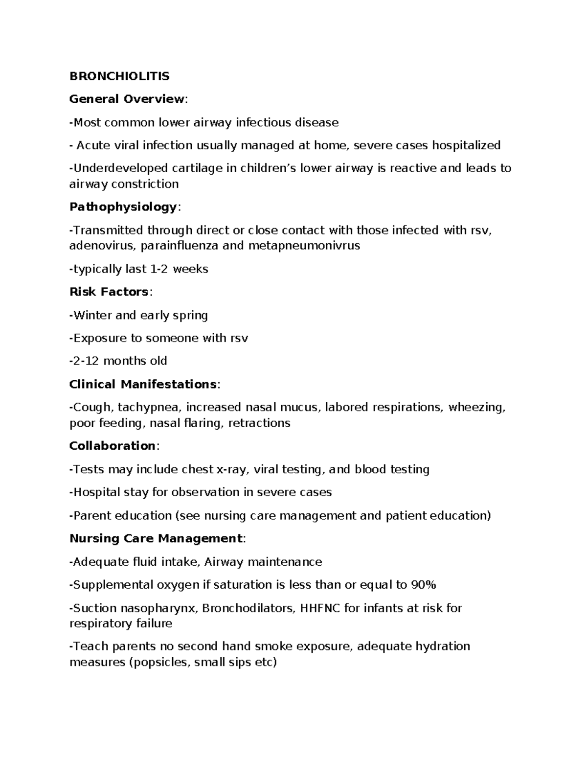 BRONCHIOLITIS Overview & Nursing Care Management (PEDS 101) - Studocu