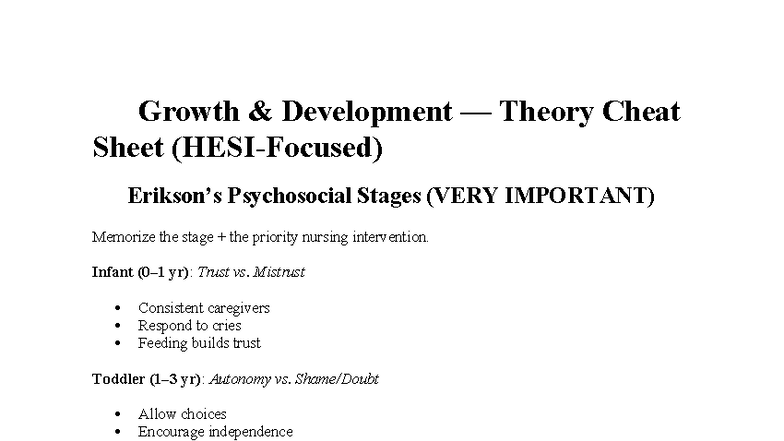 Growth & Development HESI Cheat Sheet: Psychosocial Stages Overview ...