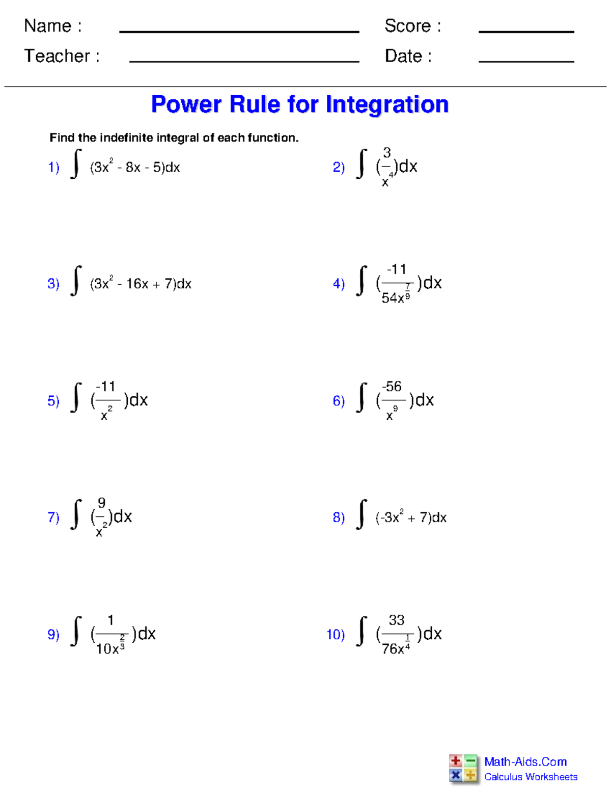 Calculus (MATH101) Power Rule for Integration Worksheets - Studocu