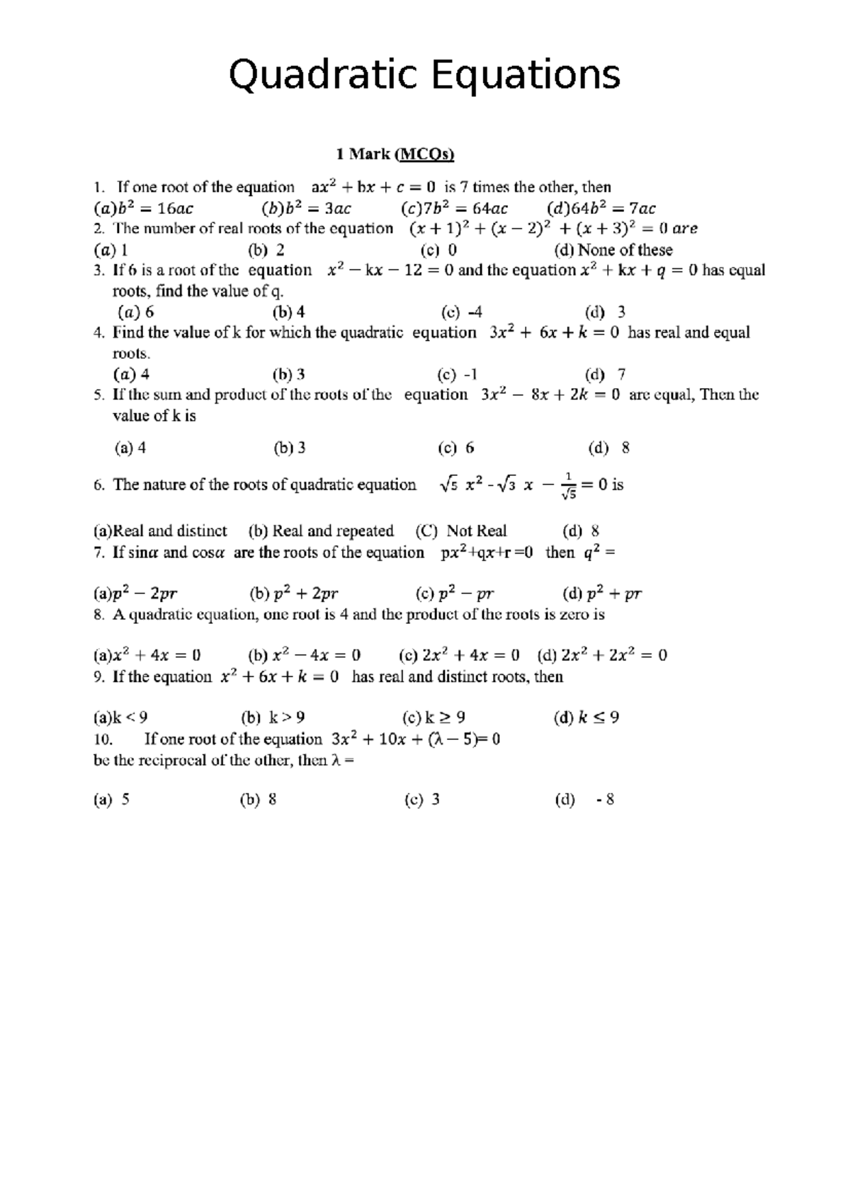 Quadratic Equations MCQs for Exam Preparation - Studocu