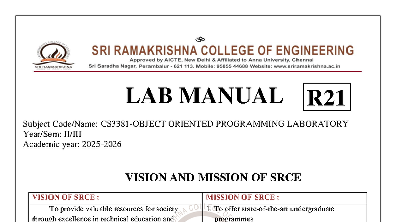 CS3381 Object Oriented Programming Laboratory - Lab Manual - Studocu