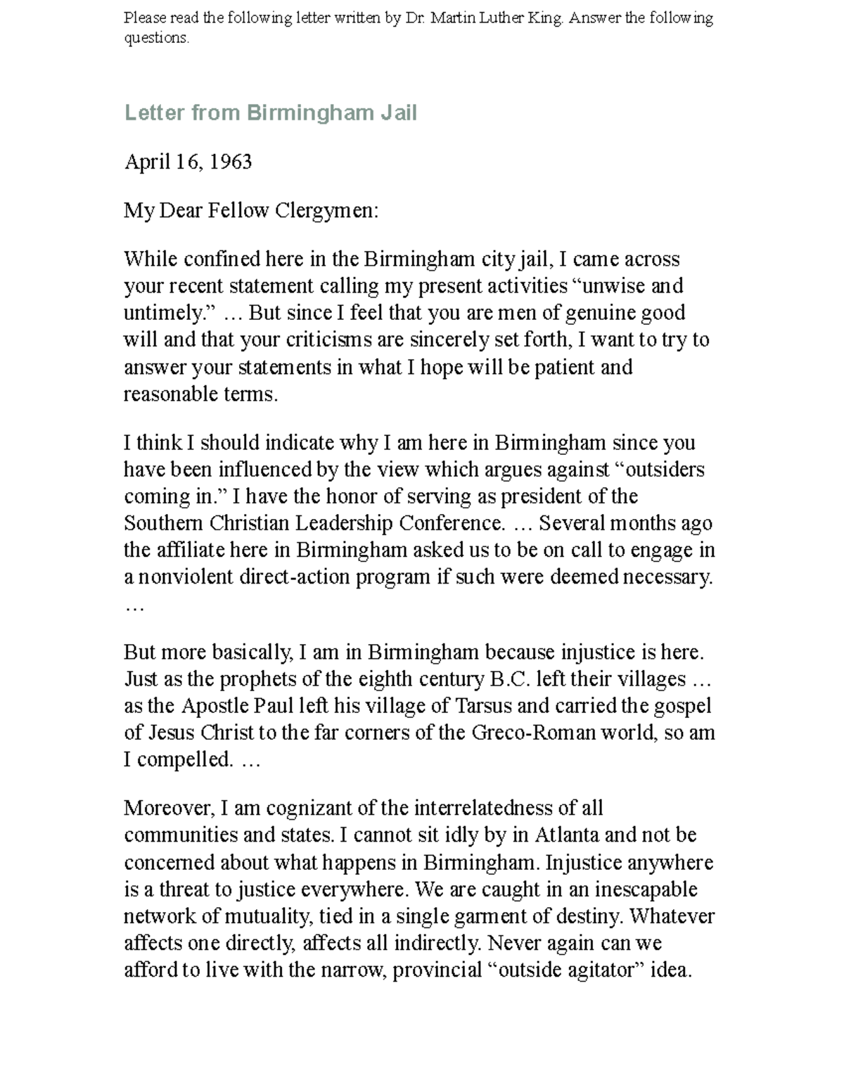 Letter from Birmingham Jail - questions. Letter from Birmingham Jail ...