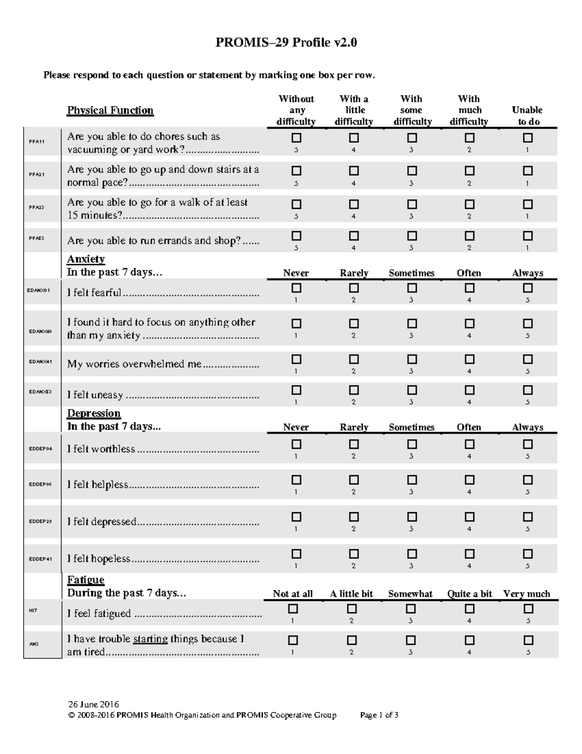 PROMIS-29 Profile v2: Comprehensive Health Assessment Questionnaire ...