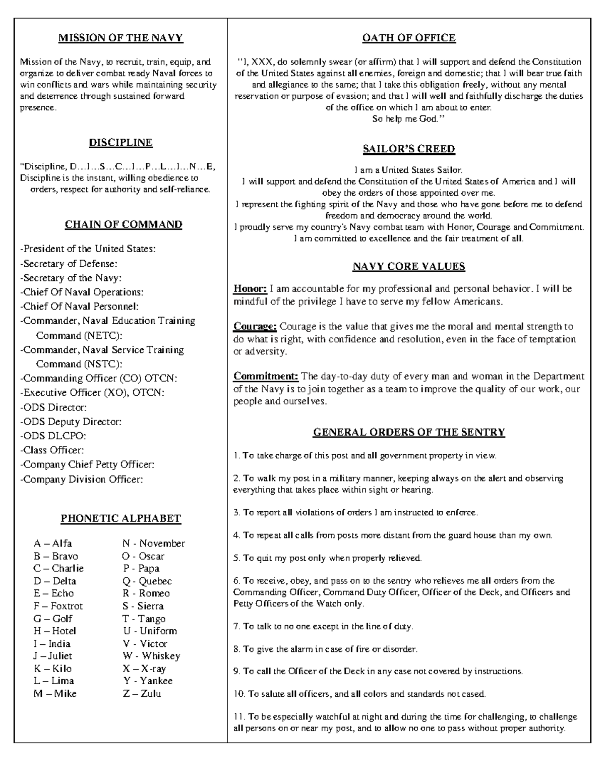 Navy Training Manual: Oath, Creed, Values & Leadership Principles Guide ...