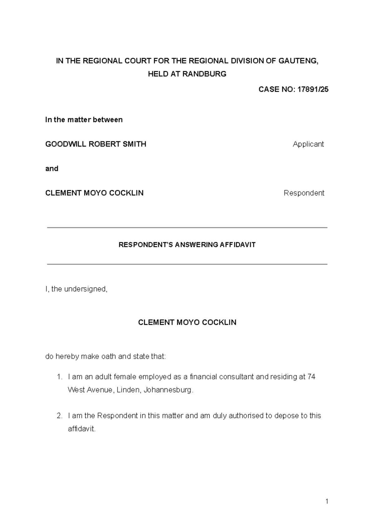 Answering Affidavit in Case No: Goodwill Robert Smith vs. Clement Moyo ...