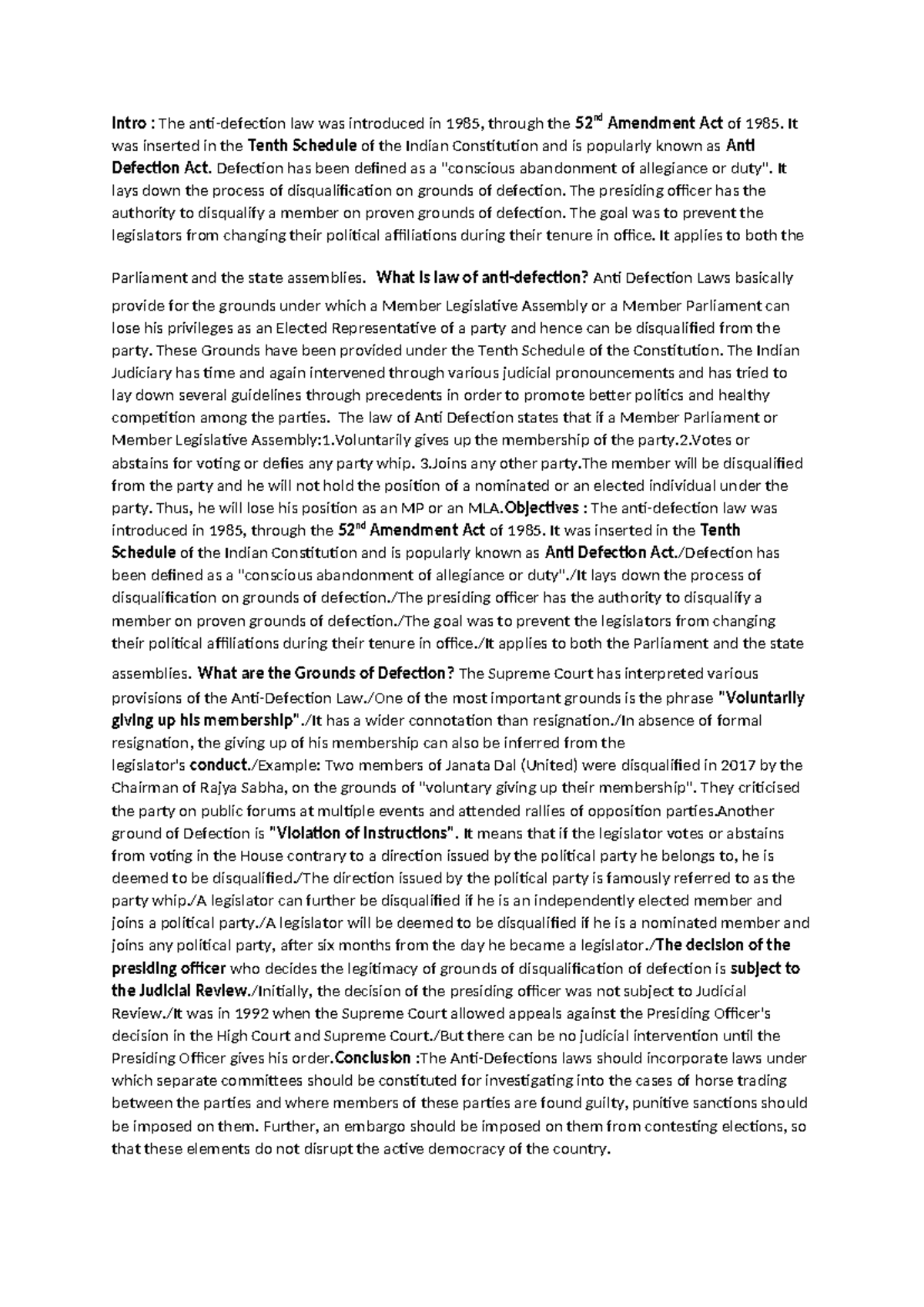 Anti Defection Law: Overview and Key Provisions (Class Notes) - Studocu