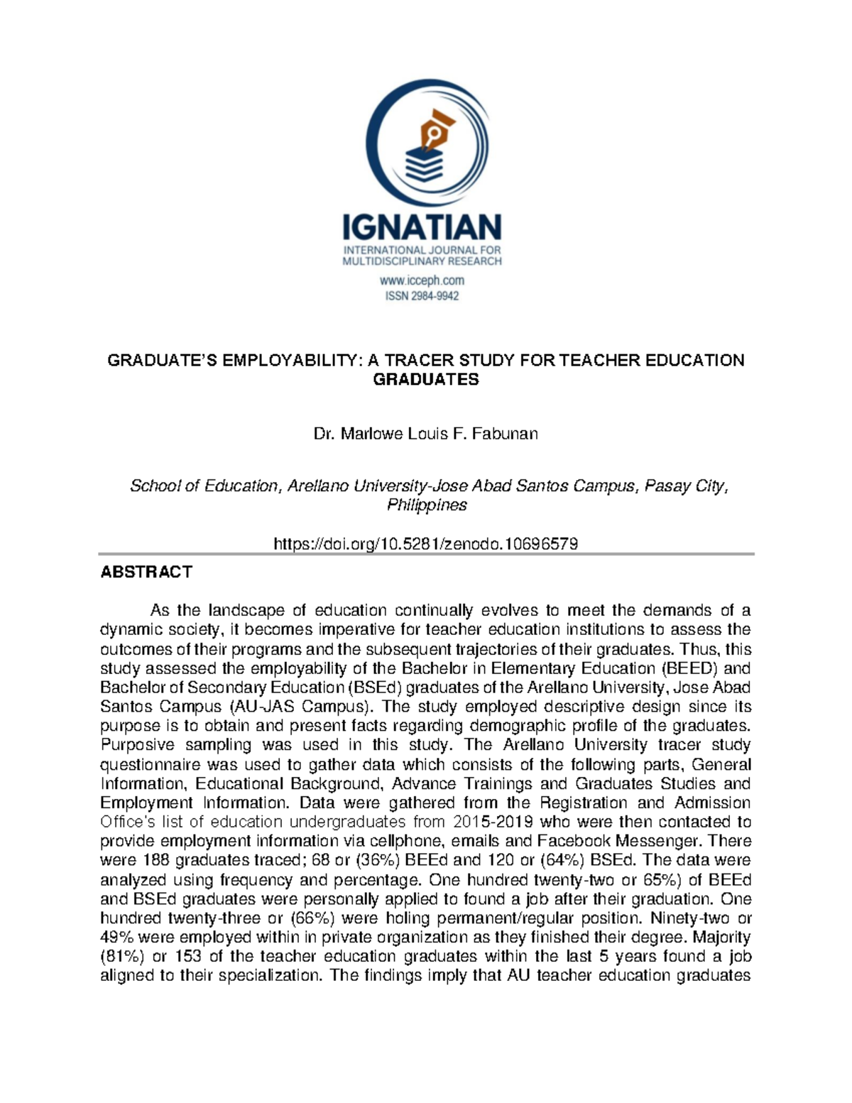 Tracer Study on Employability of Teacher Education Graduates (BEED/BSEd ...