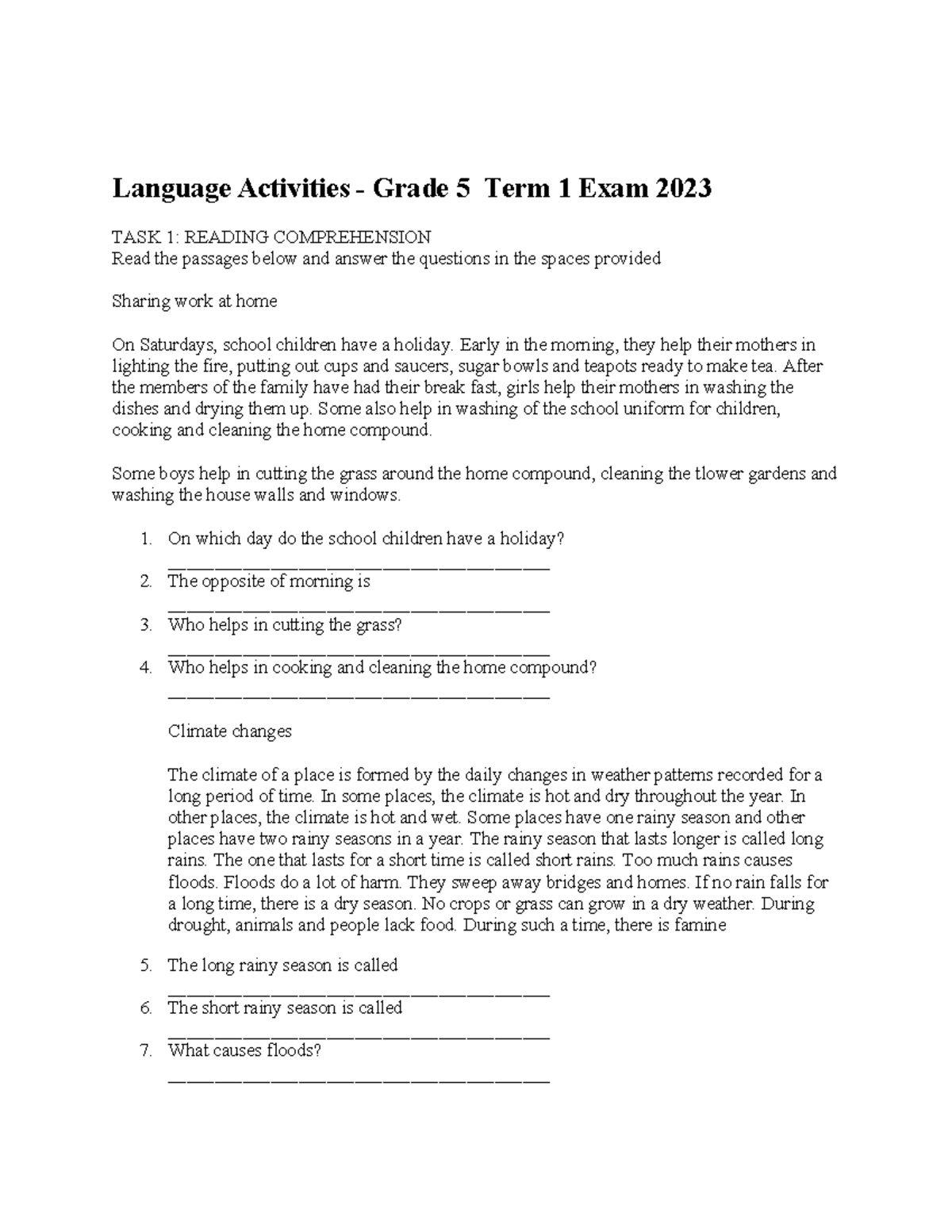 Grade 5 Language Activities Term 1 Exam 2023: Reading & Grammar Tasks ...