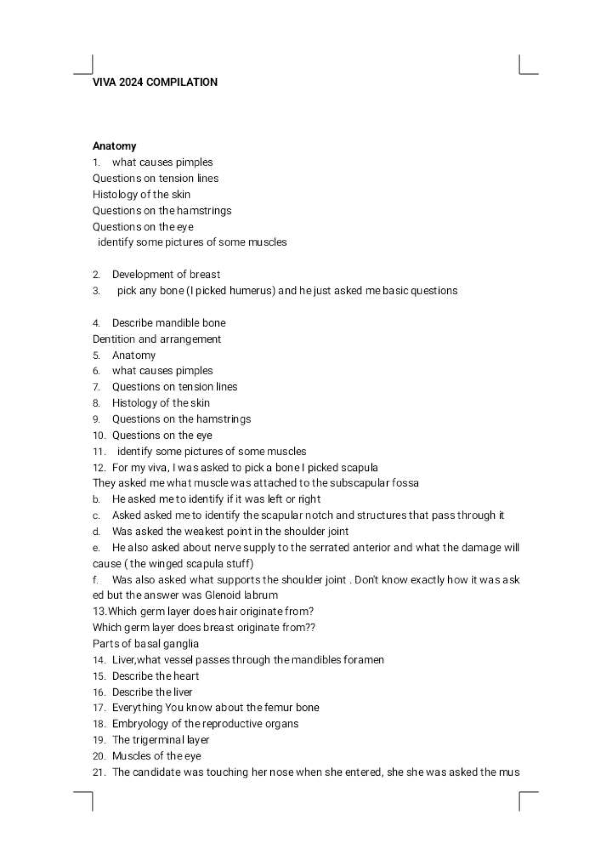 VIVA 2024 Compilation: Anatomy & Physiology Questions - Studocu