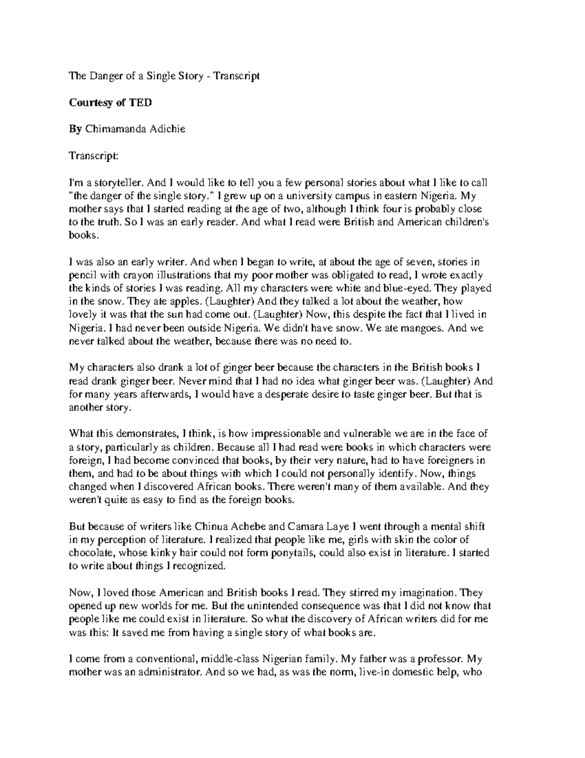 The Danger of a Single Story - TED Talk Transcript by Chimamanda ...