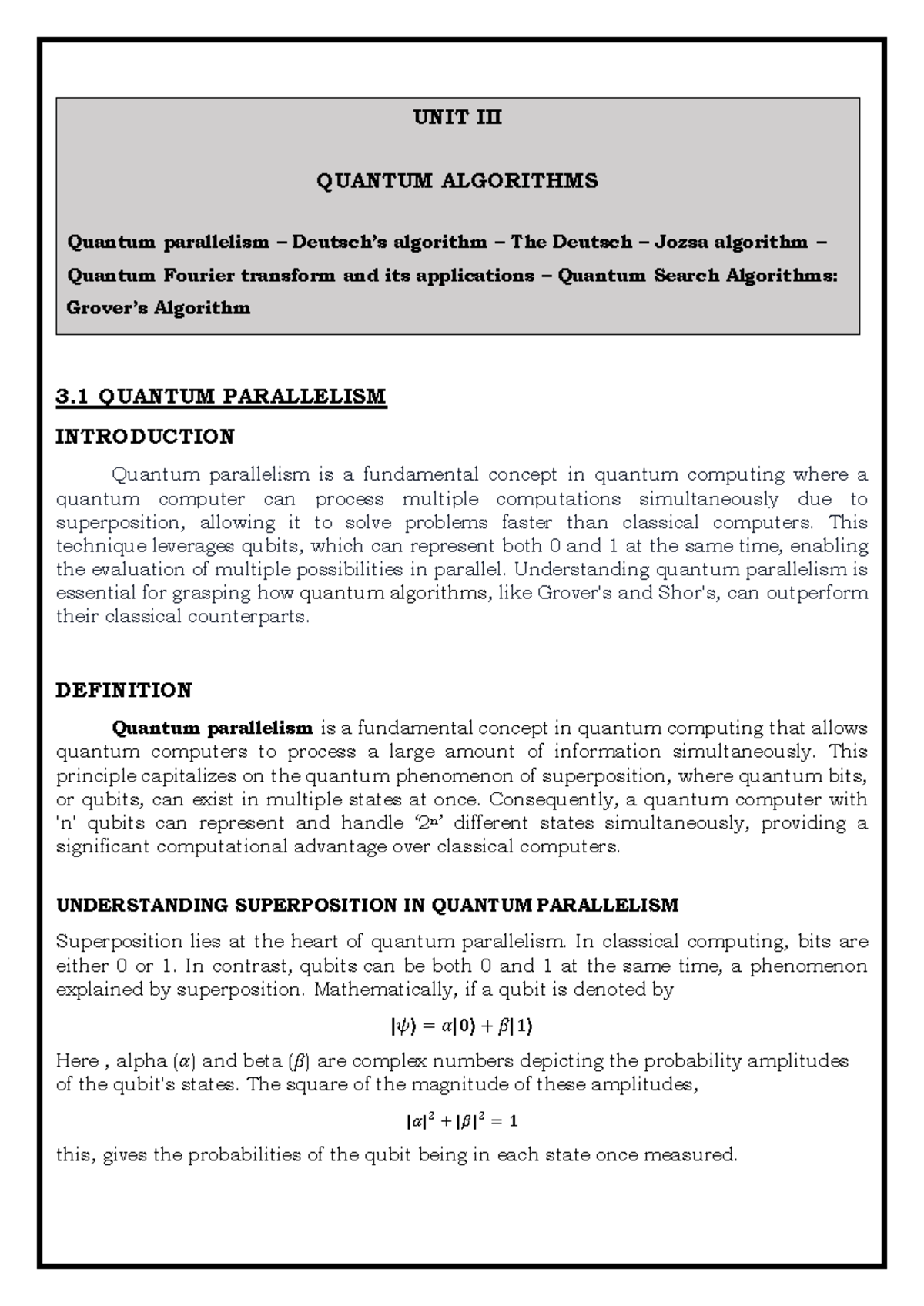 Unit 3 - Quantum Algorithms: Parallelism, Deutsch-Jozsa, and QFT - Studocu
