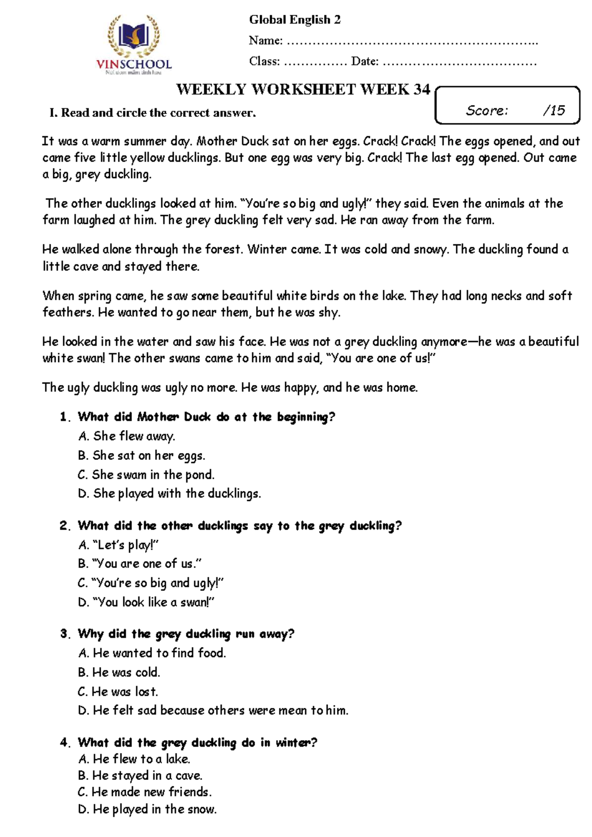 Global English 2: Weekly Worksheet 34 - The Ugly Duckling - Studocu