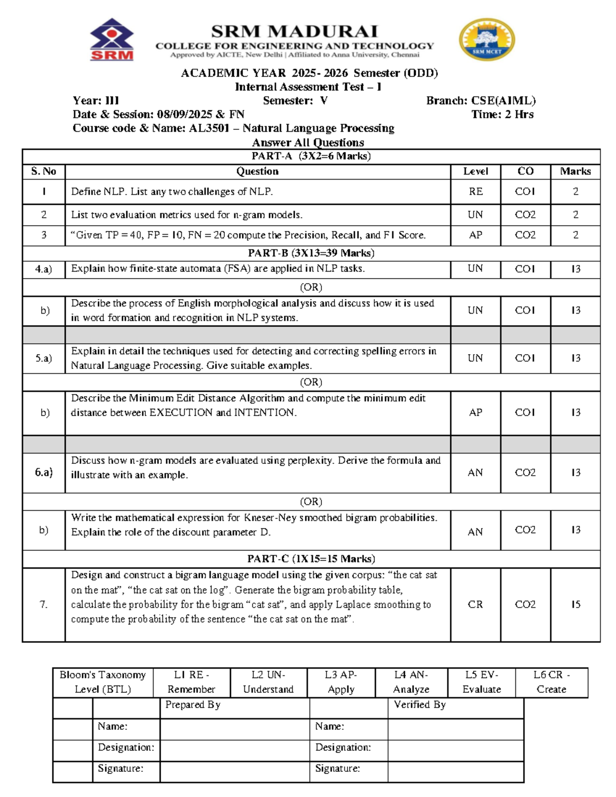IAT AL3501 Natural Language Processing Sample Question Paper - Studocu
