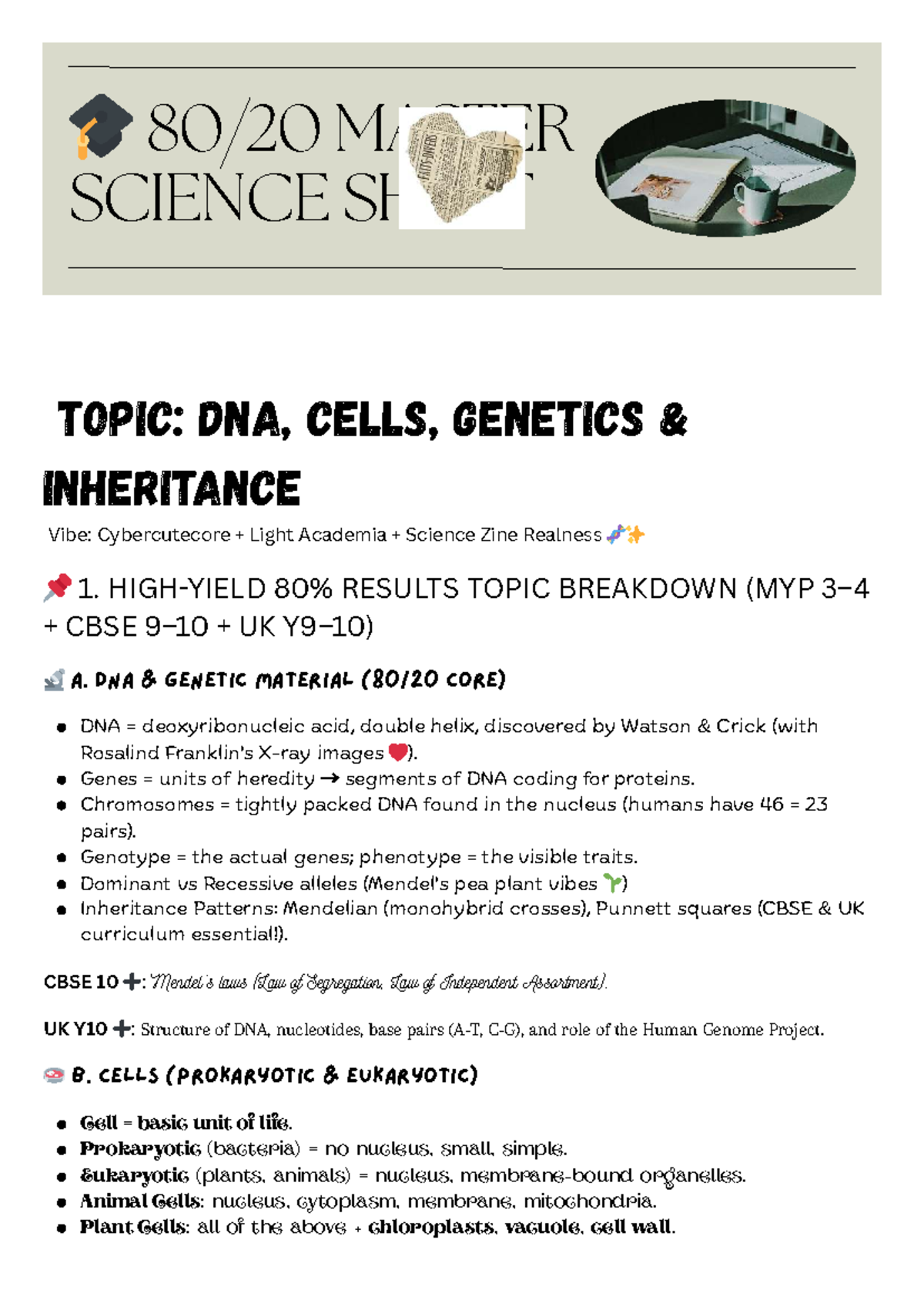 DNA, Cells & Genetics Inheritance: MYP CBSE UK Study Guide - Studeersnel