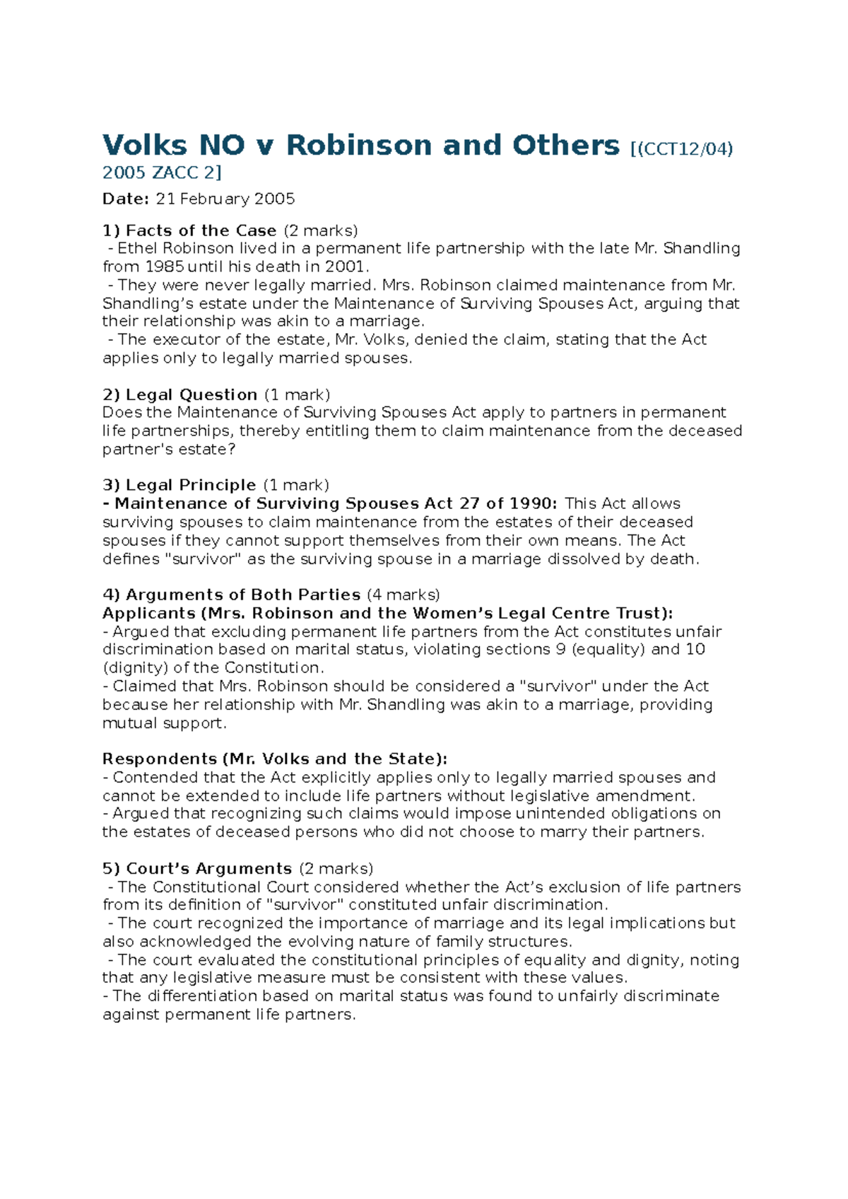 Volks NO v Robinson: 2005 Constitutional Court Ruling Summary - Studocu