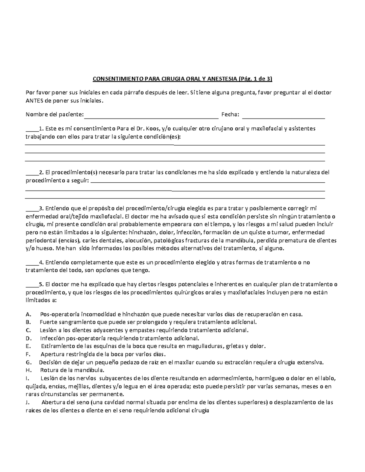 Consentimiento para Cirugía Oral y Anestesia - Dr. Koos - Studocu