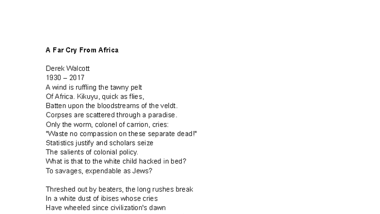 A Far Cry From Africa - Analysis Notes on Derek Walcott's Poem - Studocu