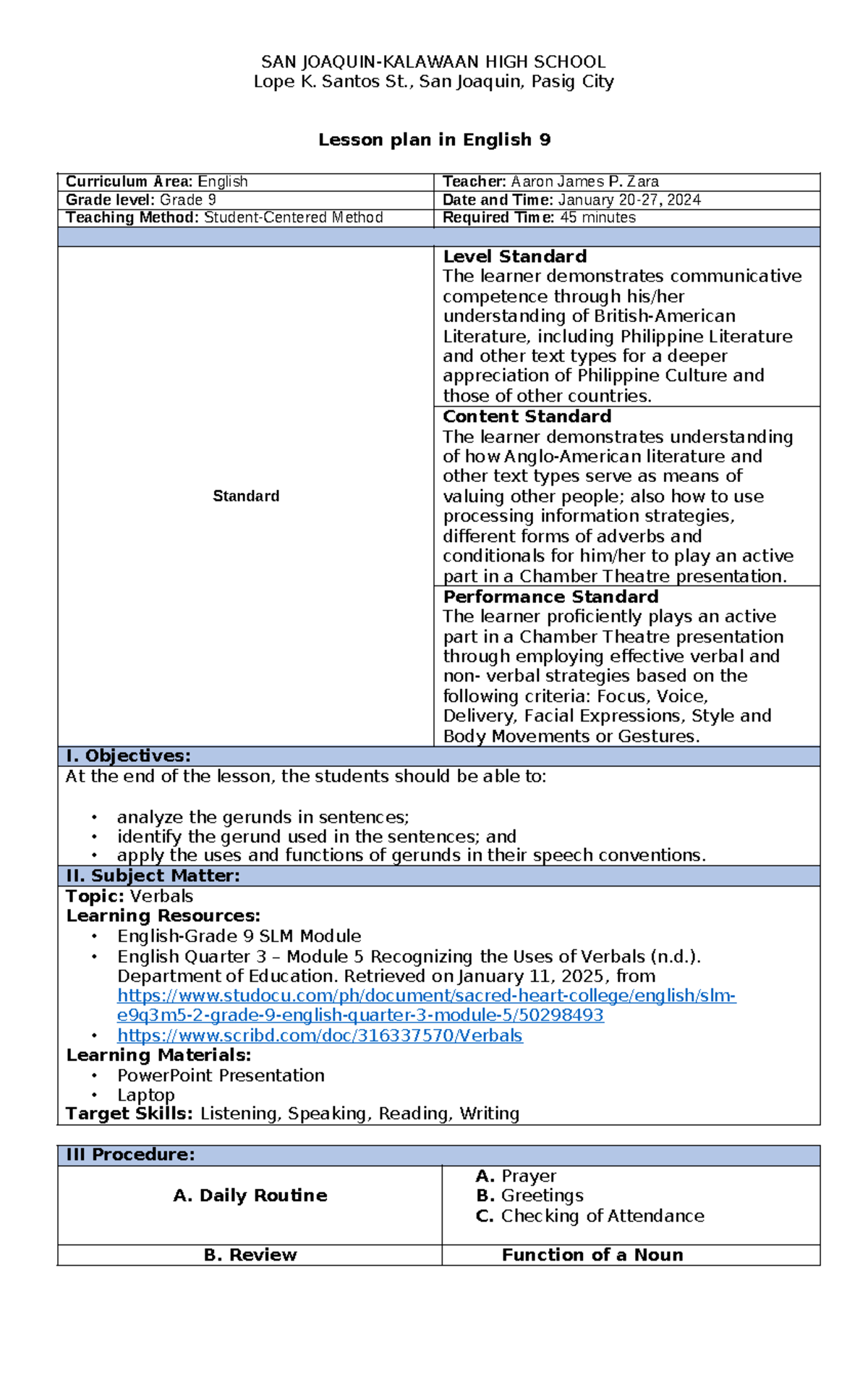 Lesson Plan Gerunds - Lope K. Santos St., San Joaquin, Pasig City ...