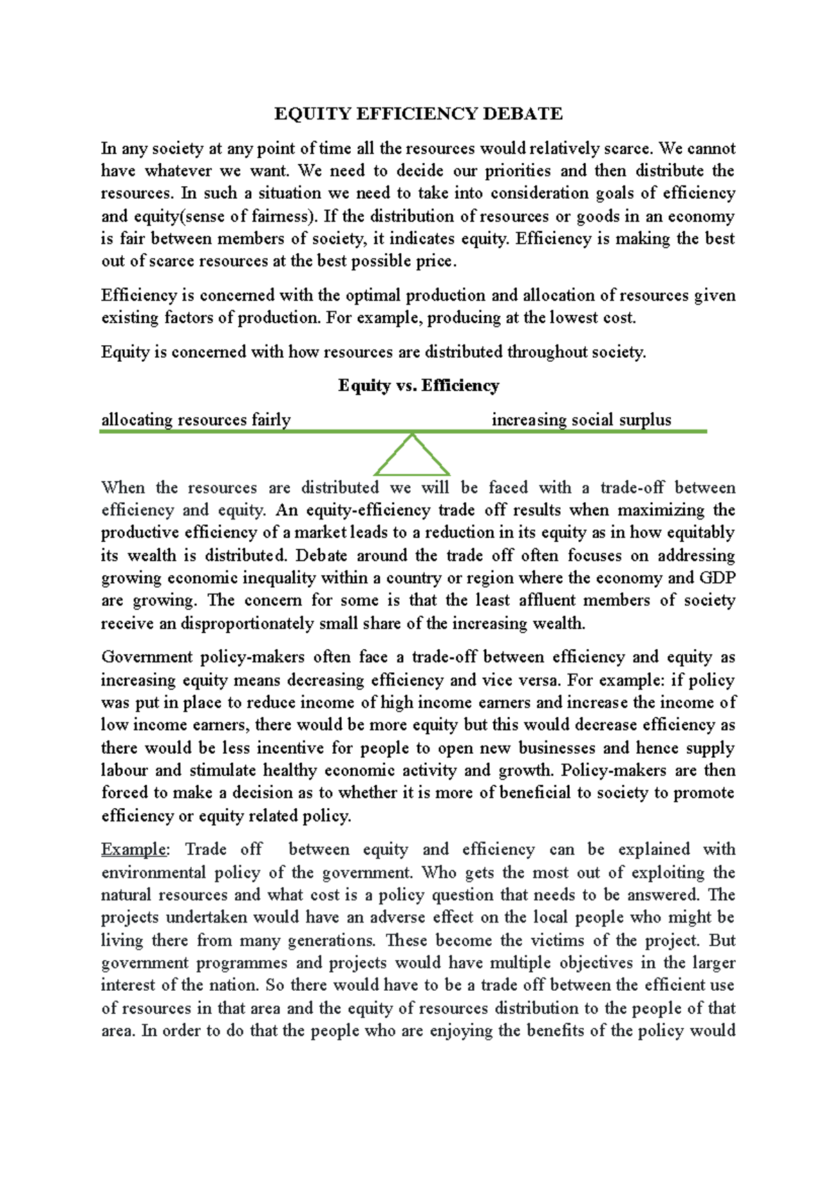 Equity vs. Efficiency Debate: Balancing Fairness and Production - Studocu