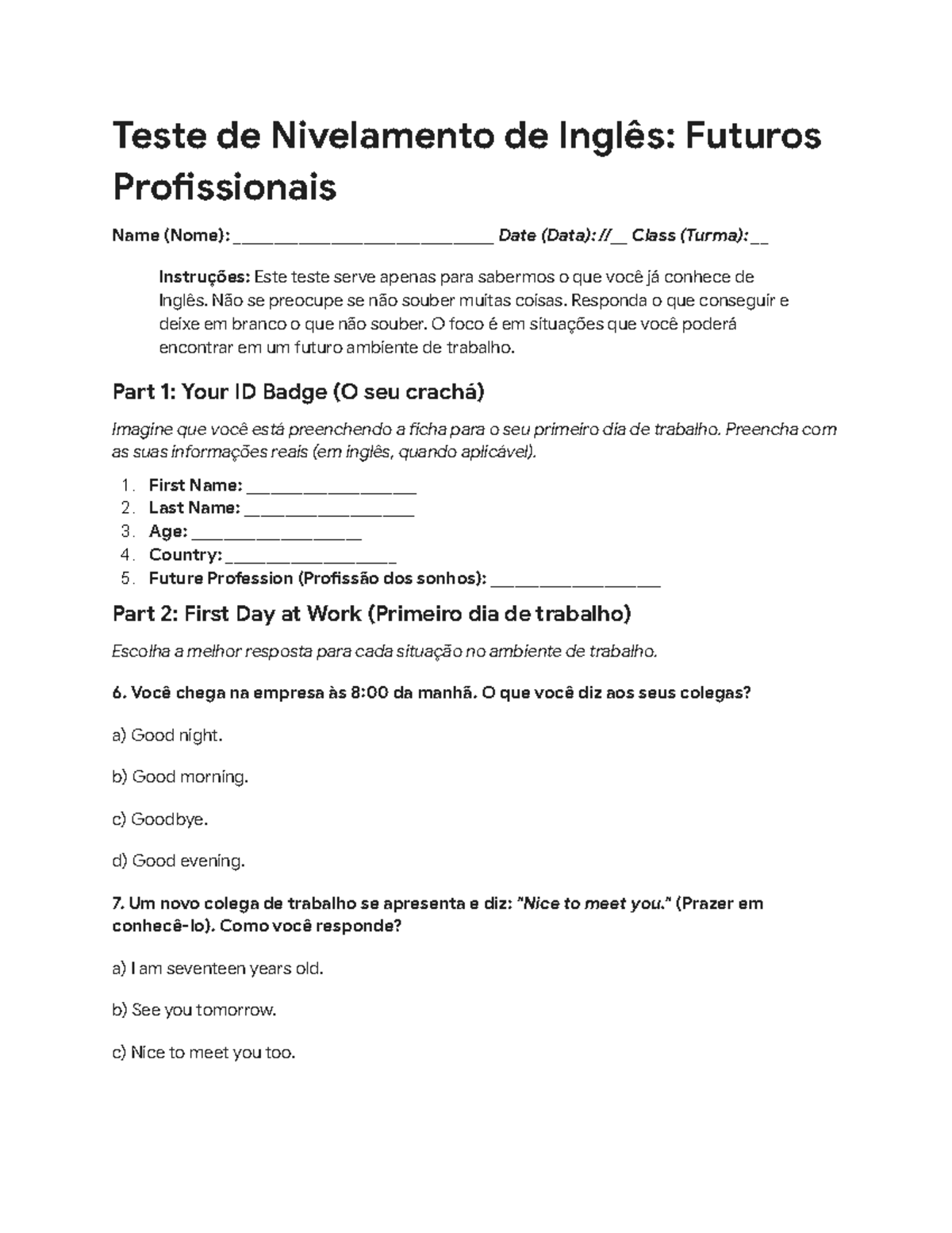 English Placement Test for Future Professionals - Studocu