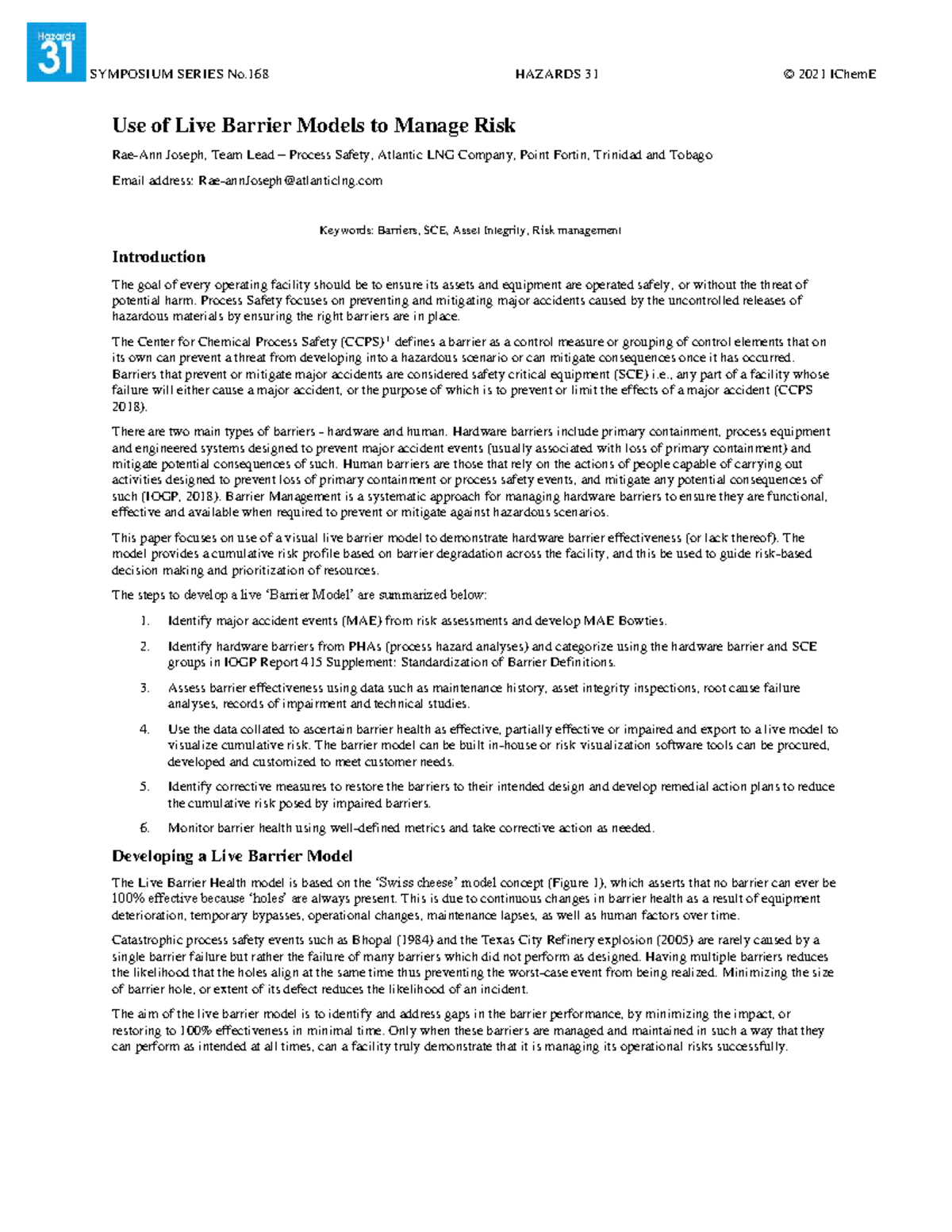 Use of Live Barrier Models for Risk Management in Process Safety ...