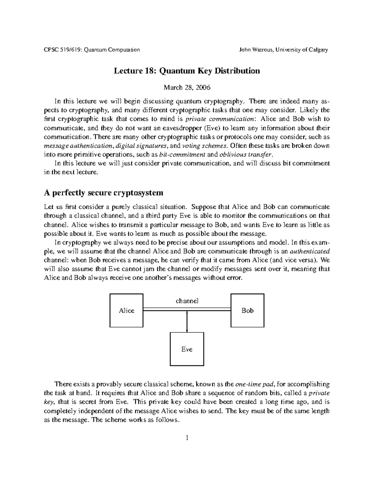 CPSC Quantum Computation Lecture 18: Quantum Key Distribution Notes ...