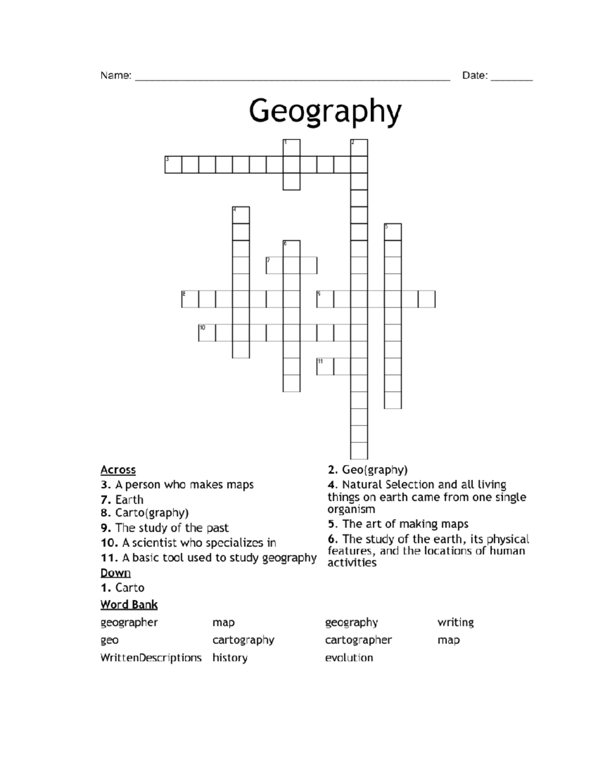 Crossword - Name: Date: Geography 2 3 4 5 6 8 10 11 Across 2. Geo ...