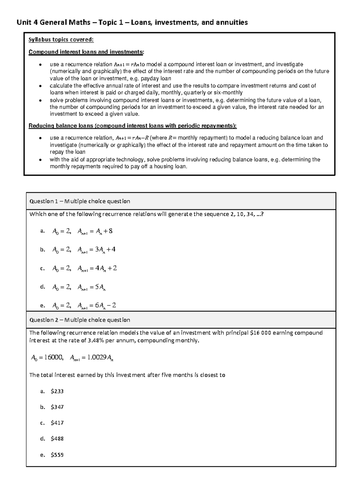 Quiz 1 - chapters 7 & 8 - Math practice exam for IA3 - Unit 4 General Maths – Topic 1 – Loans ...