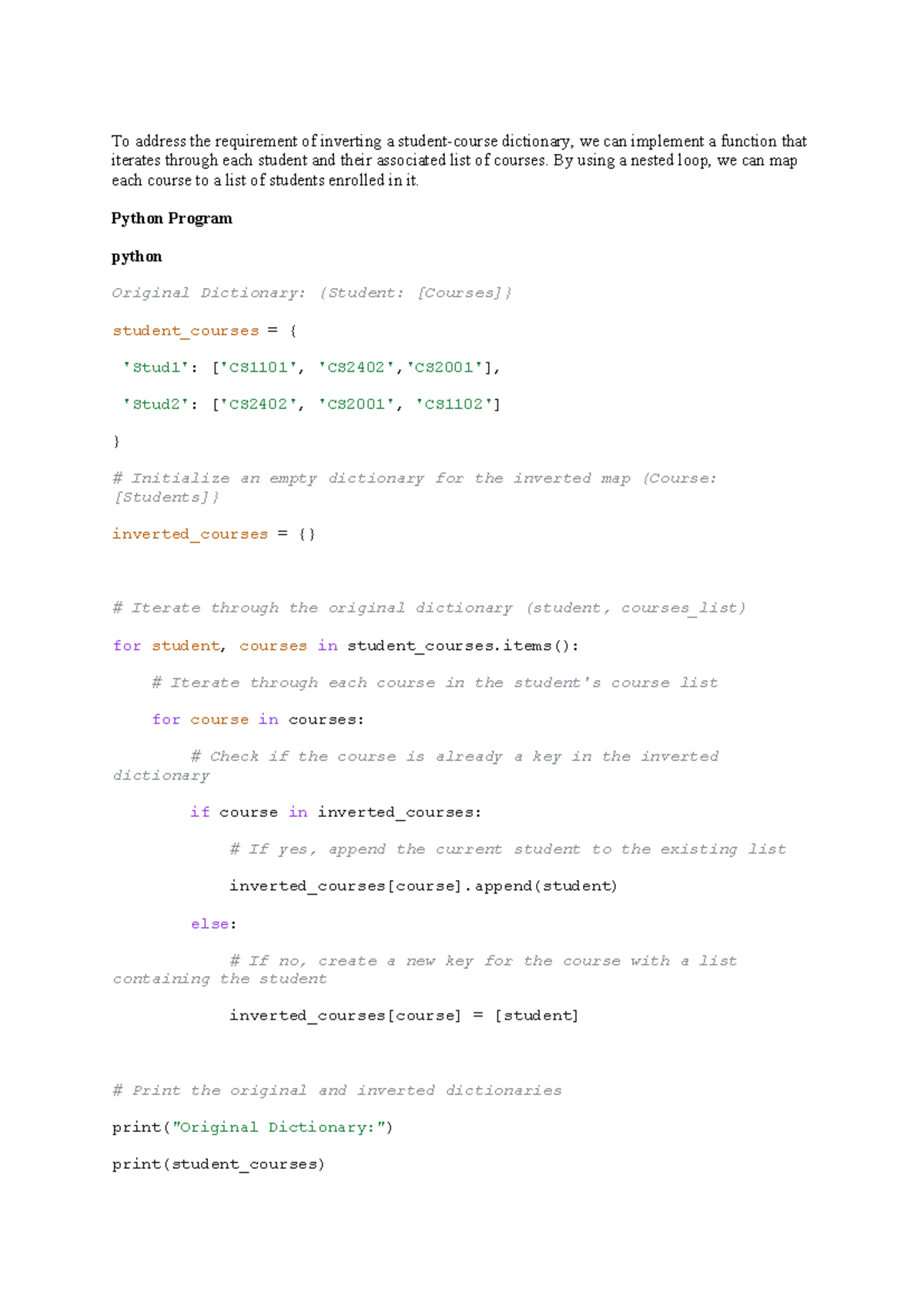 Python 2: Inverting a Student-Course Dictionary with Nested Loops - Studocu