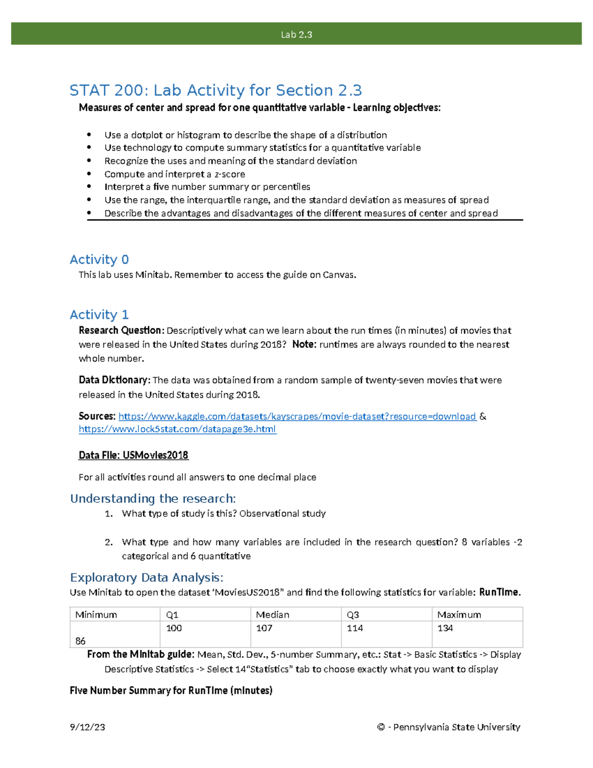 STAT 200: Lab Activity 2 - Measures of Center and Spread Analysis - Studocu