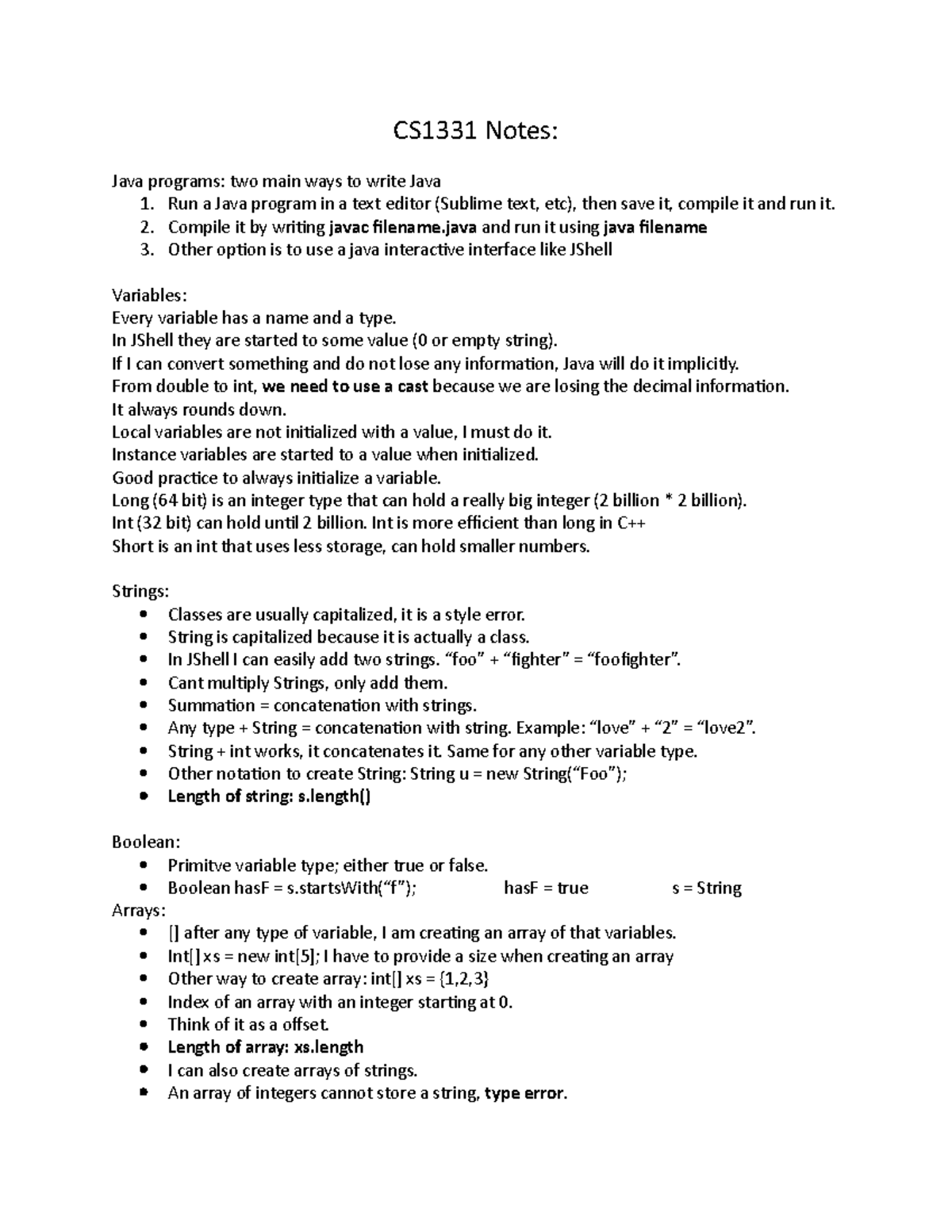 CS1331 Notes - CS1331 Notes: Java programs: two main ways to write Java ...