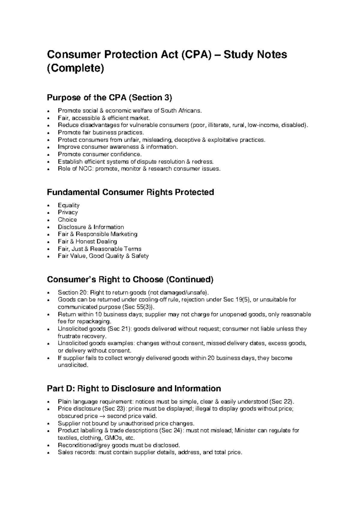 CPA Study Notes: Consumer Protection Act Overview and Rights - Studocu