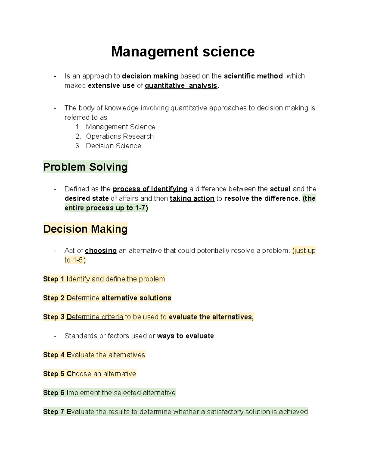 Management Science: Decision Making & Problem Solving Techniques - Studocu