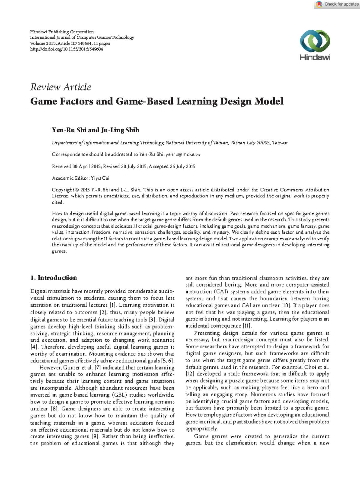Game Factors and GBL Design Model in Educational Games (IJCGT 2015 ...