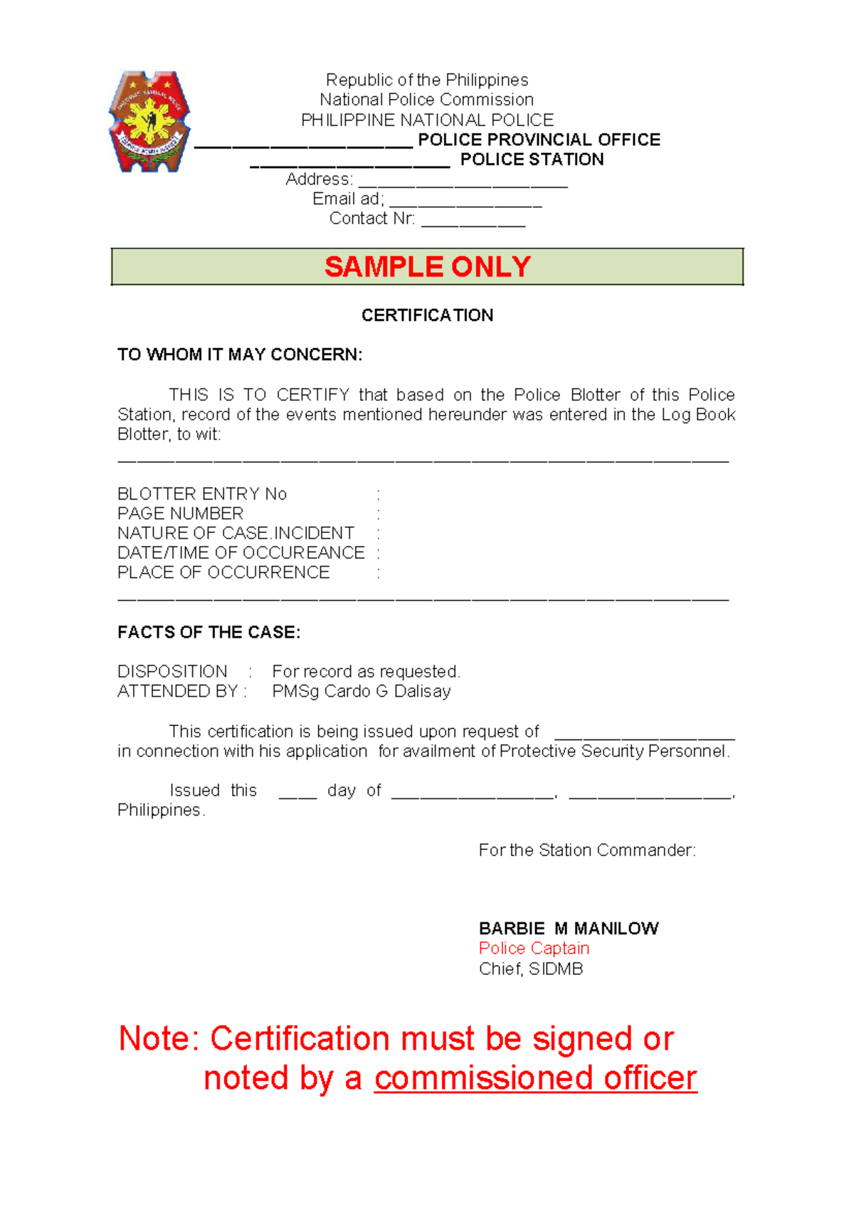 Sample Police Blotter Certification for Protective Security Personnel ...