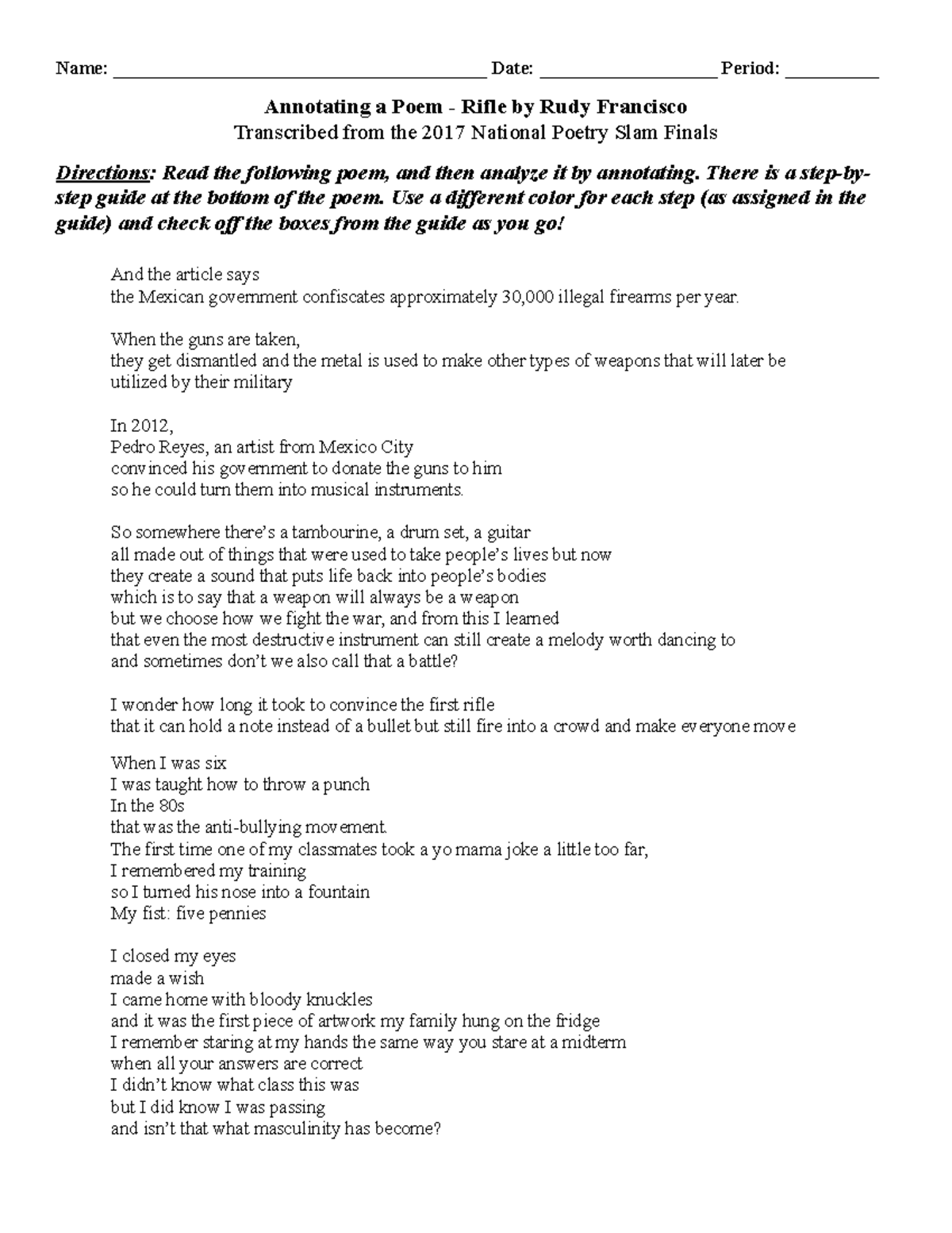 20 Annotating the Poem "Rifle" by Rudy Francisco - Analysis Guide - Studocu