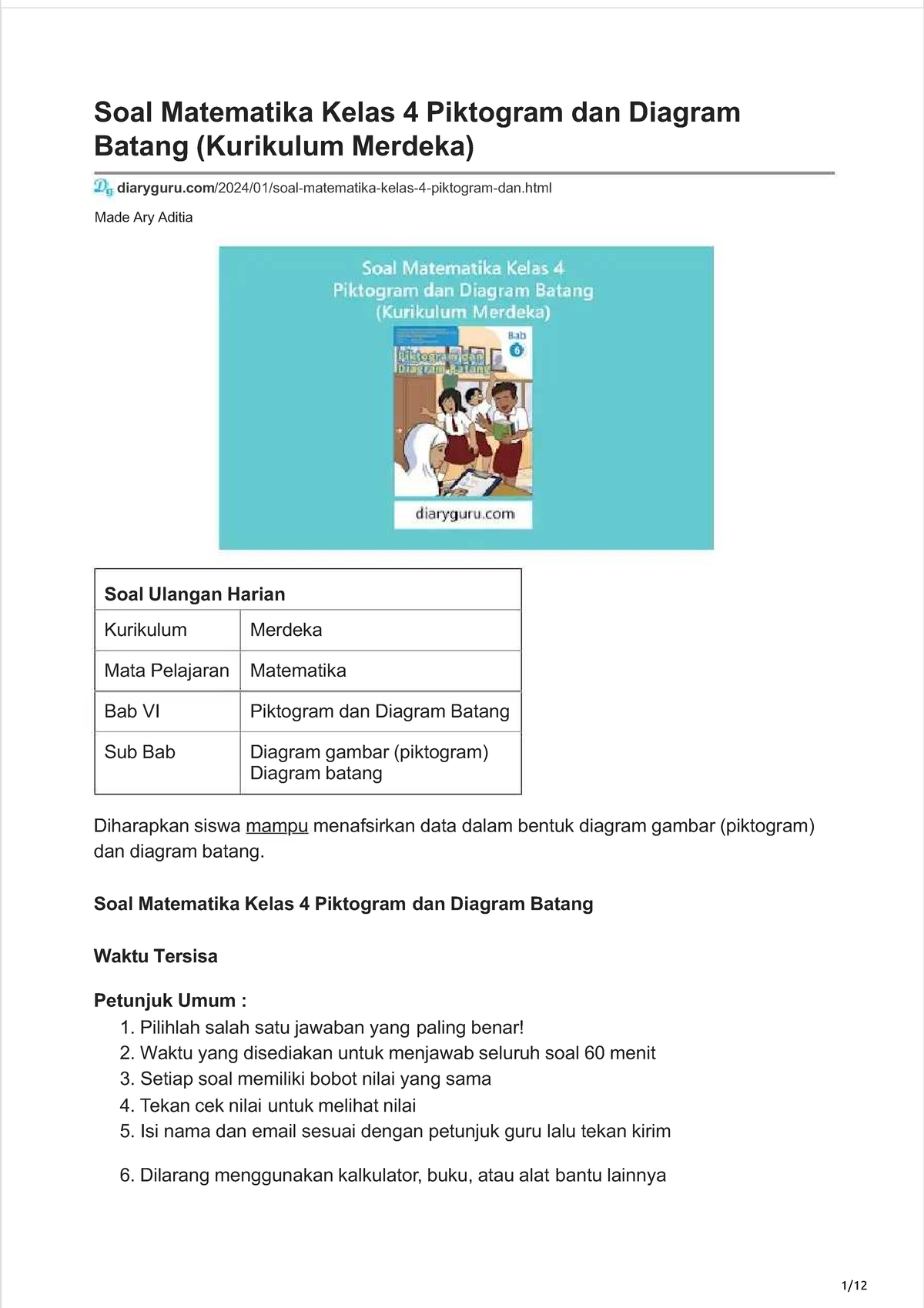 Soal Ulangan Harian Matematika Kelas 4: Piktogram & Diagram Batang ...