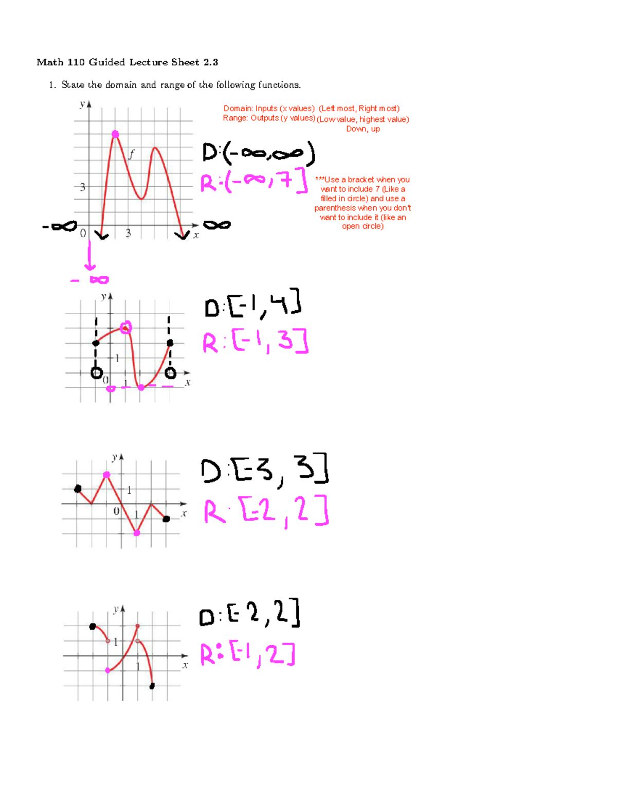 Math 110 Guided Lecture Sheet 2: Domain, Range & Function Analysis - Studocu
