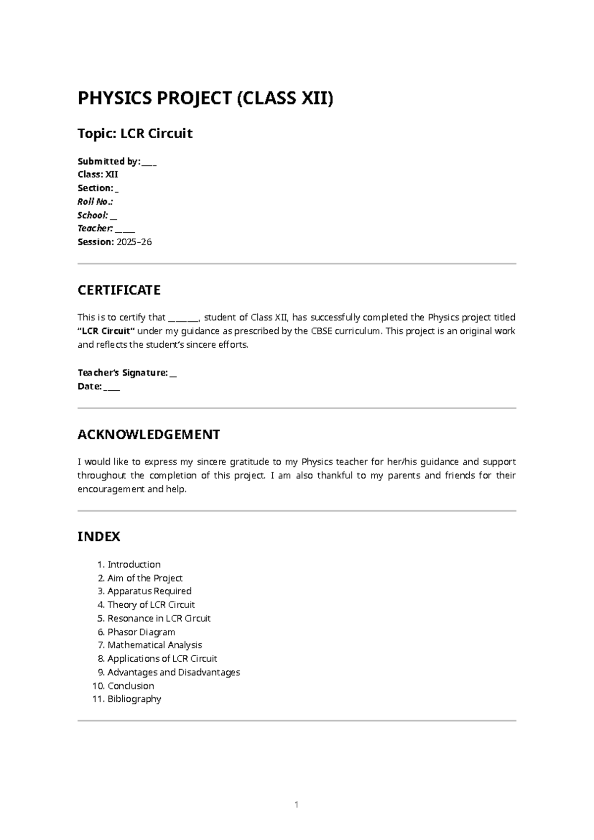 Class 12 Physics Project: LCR Circuit Analysis and Applications - Studocu
