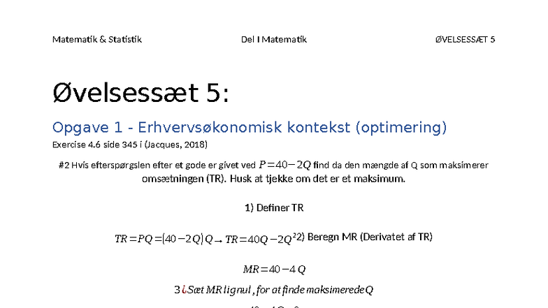 Øvelsessæt 5: Matematik Statistik HA - Opgaver og Løsninger - Studocu