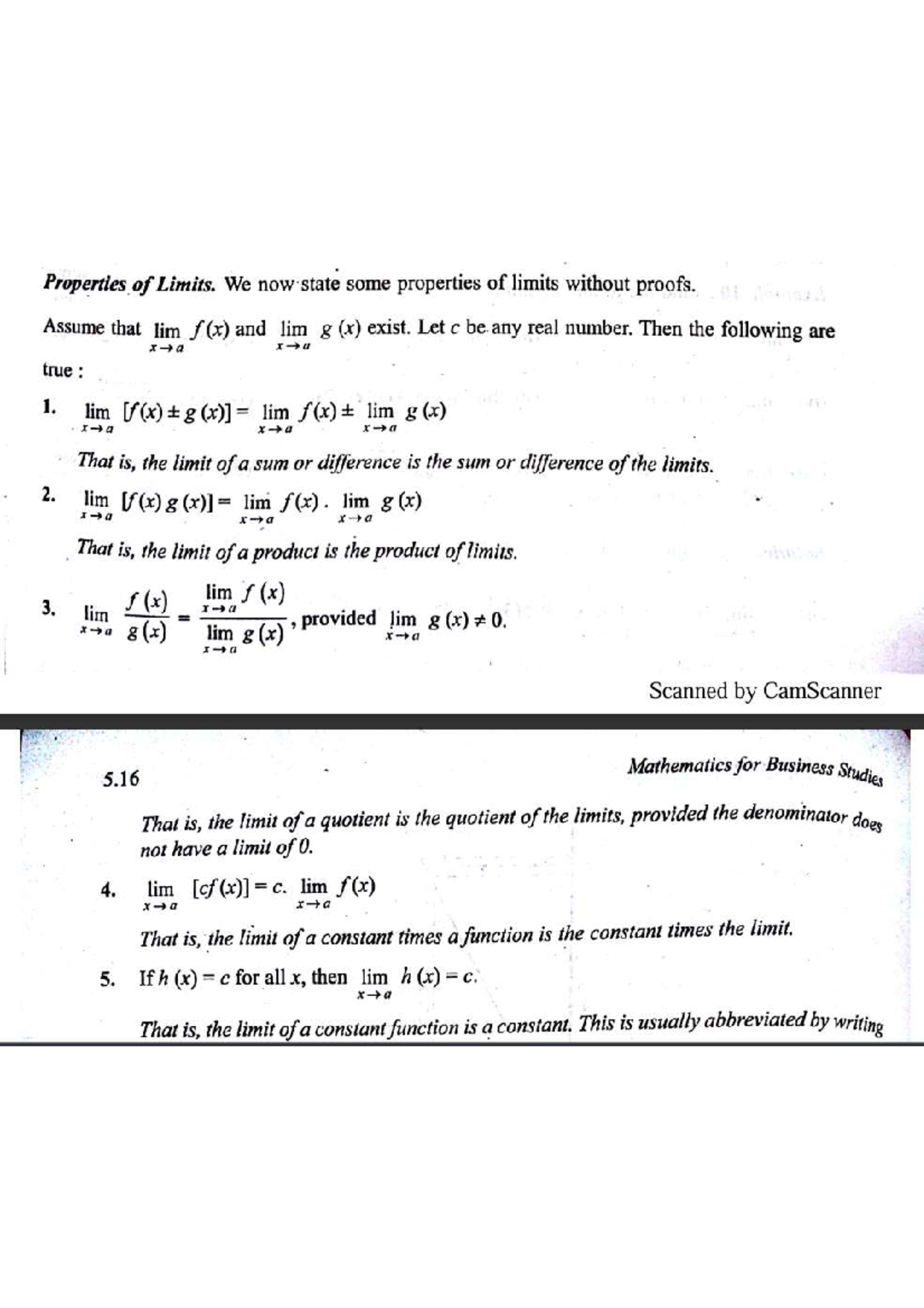 Properties of Limits in Mathematics for Business Studies (5.16) - Studocu
