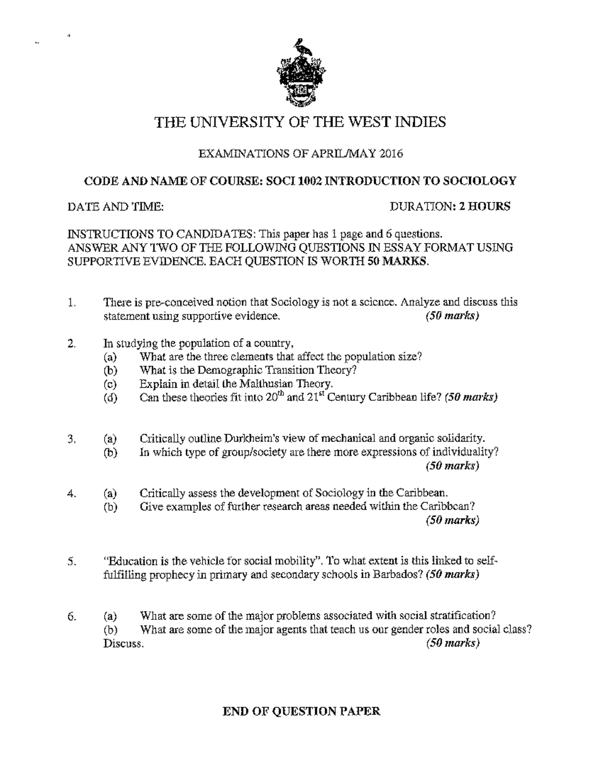 Introduction to Sociology- SOCI1002 2016 Exam Past Paper - Studocu
