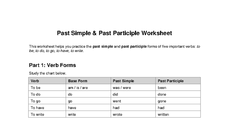 Past Simple & Past Participle Worksheet for Verbs - Studocu