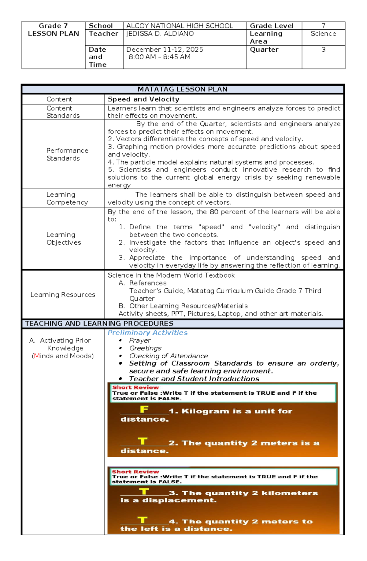 Q3 DLP Science 7 Lesson Plan on Speed and Velocity - Studocu