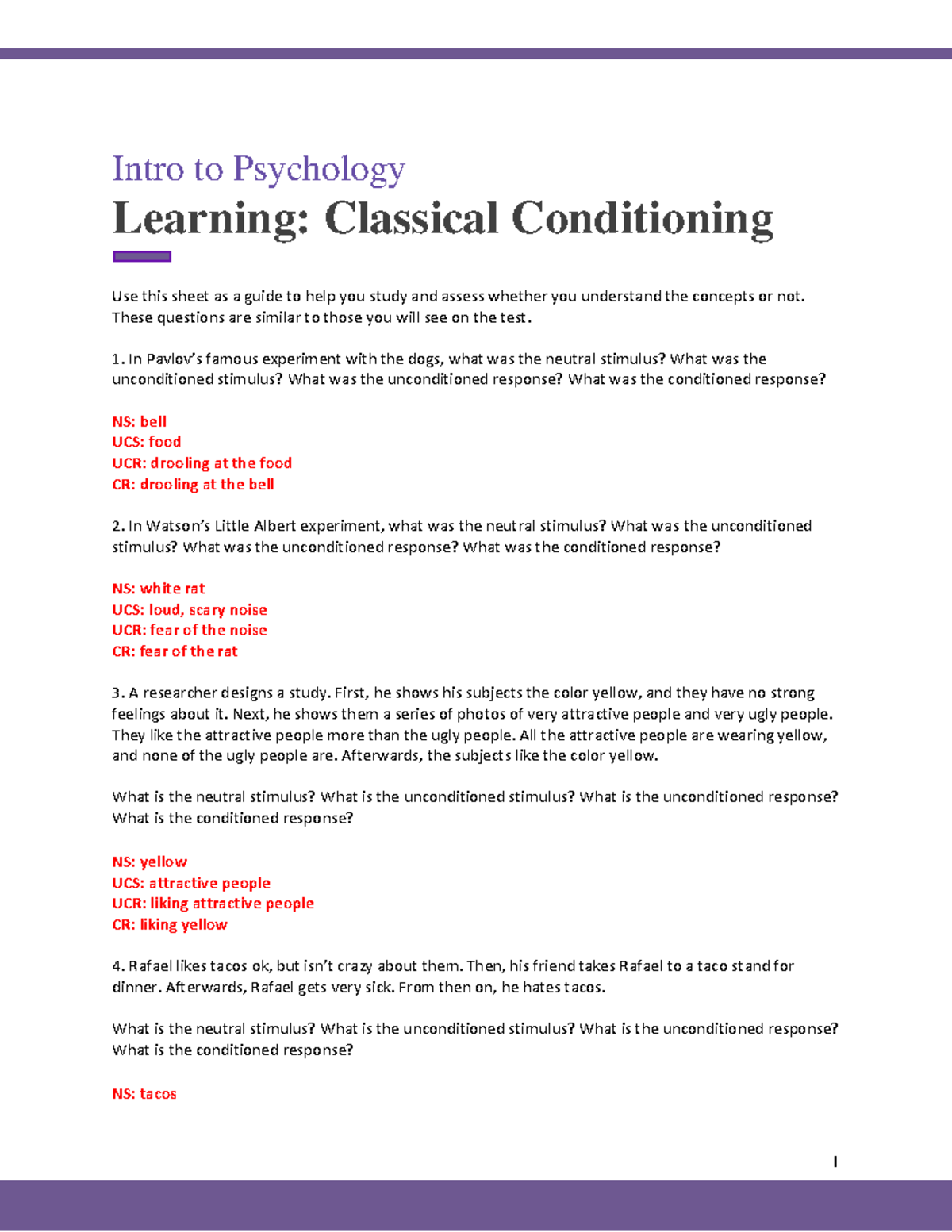 Boyd Practice Doc 3 Answer Key - Classical Conditioning - 1 Intro to ...